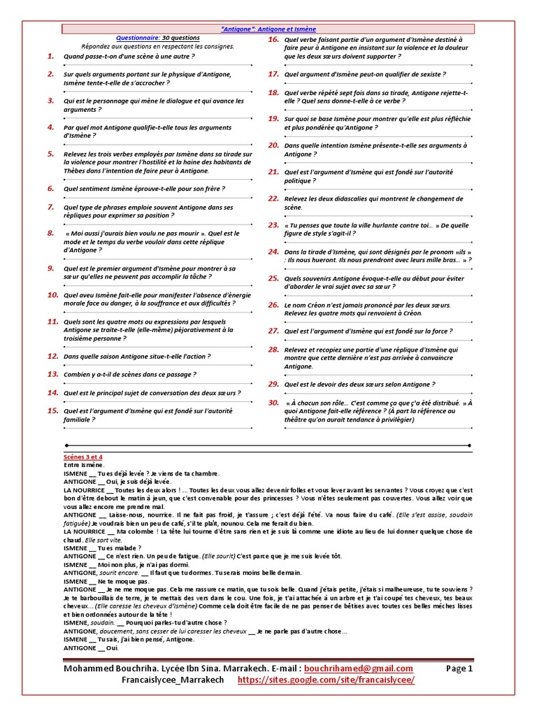 Questionnaire sur "Antigone" et Ismène | PDF