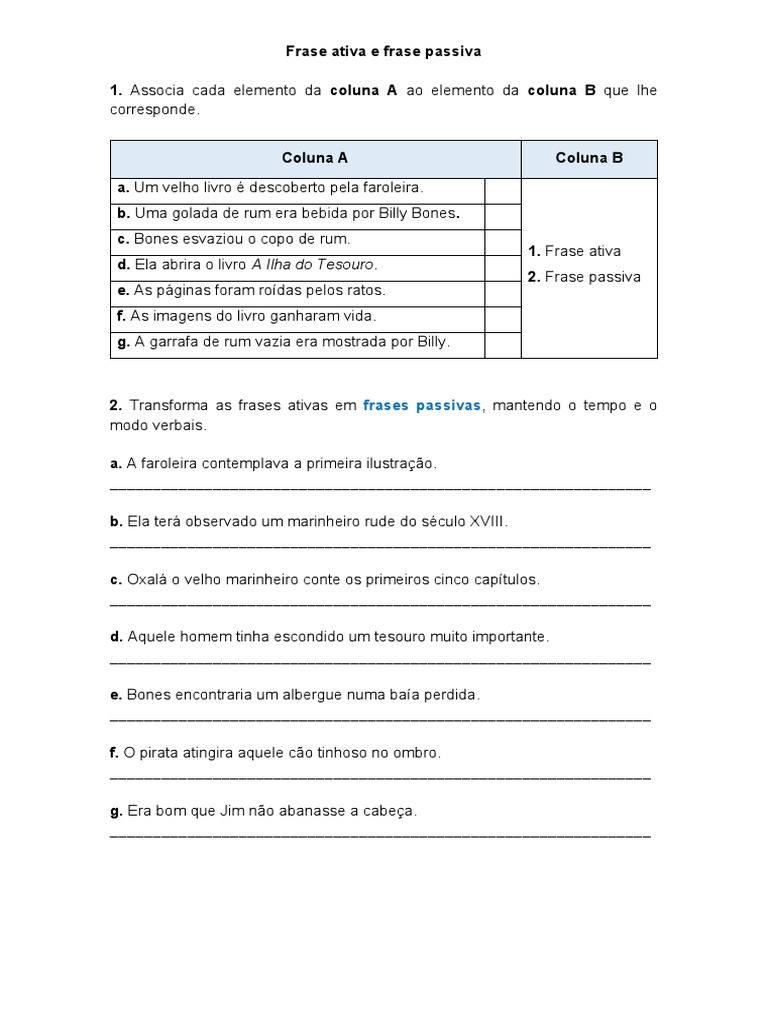 Ficha Portugues 7 Ano Frase Ativa e Passiva | PDF
