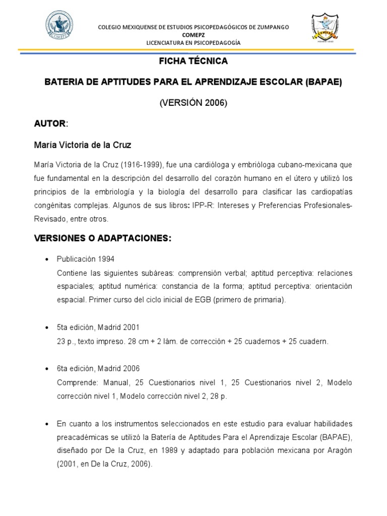 BAPAE | PDF | Educación de la primera infancia | Validez (Estadísticas)