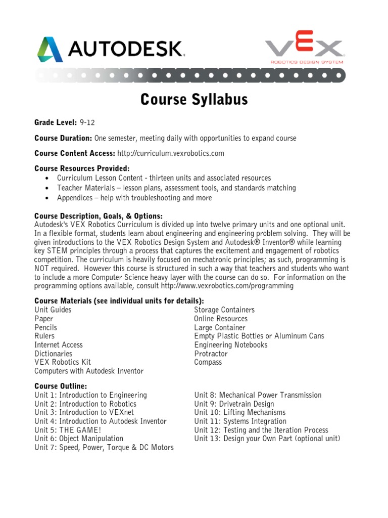 Autodesk VEX Curriculum Syllabus 100213 | PDF