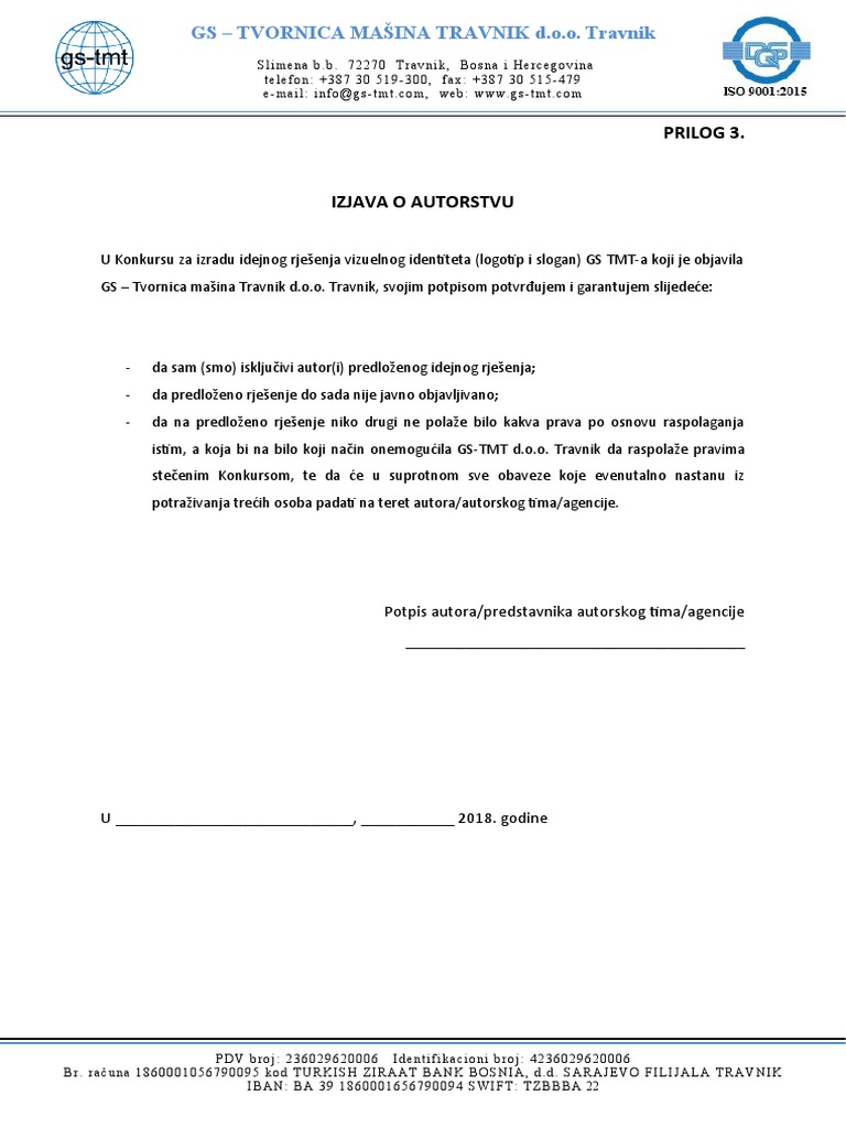 GS-TMT Konkurs - Prilog 3. Izjava o Autorstvu | PDF