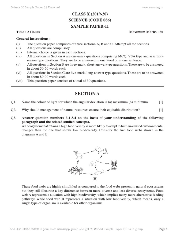CLASS X (2019-20) Science (Code 086) Sample Paper-11: Section A | PDF ...