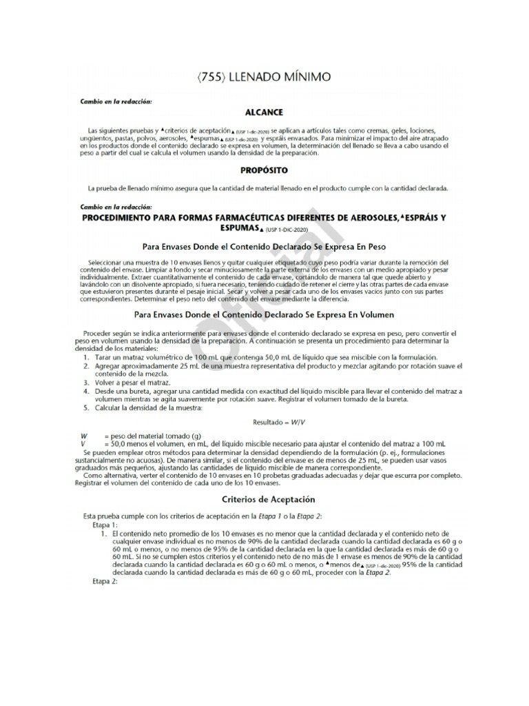 755 LLENADO MÍNIMO Usp | PDF