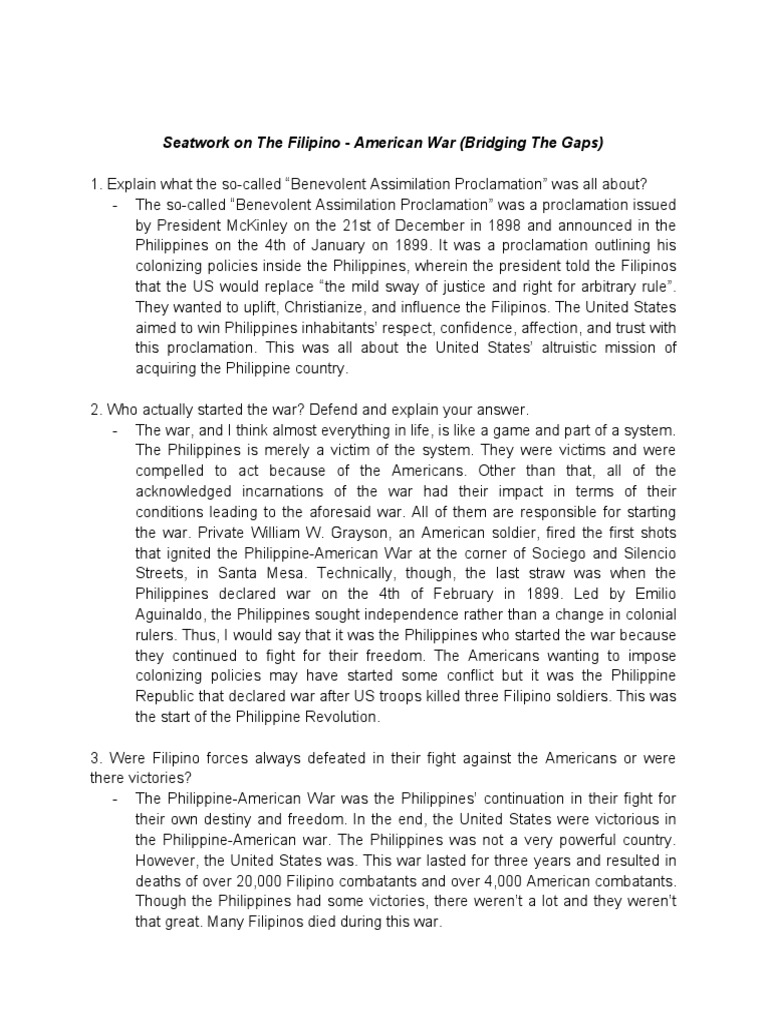 Seatwork On The Filipino - American War (Bridging The Gaps) | PDF ...