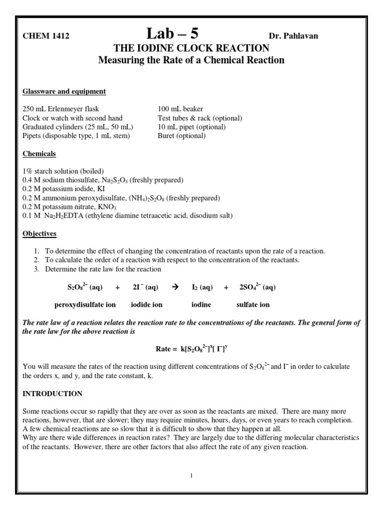 Lab 5 - Iodine - Clock Reaction | PDF | Reaction Rate | Chemical Kinetics