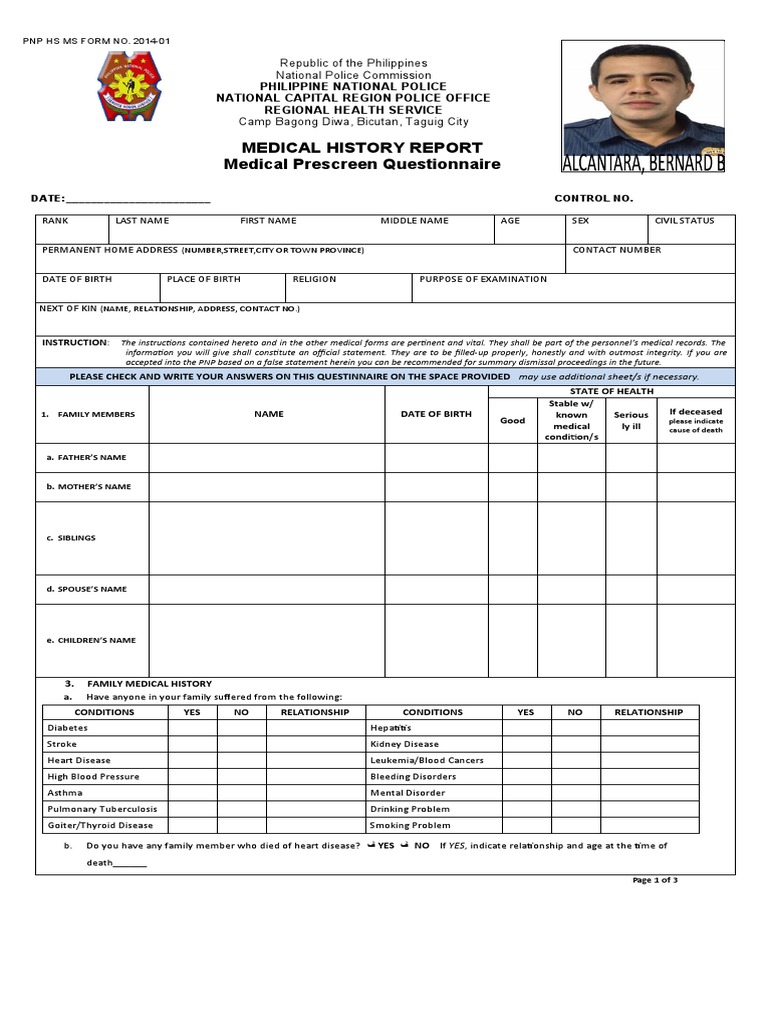 Medical History Questionnaire for PNP Applicant Screening | PDF ...