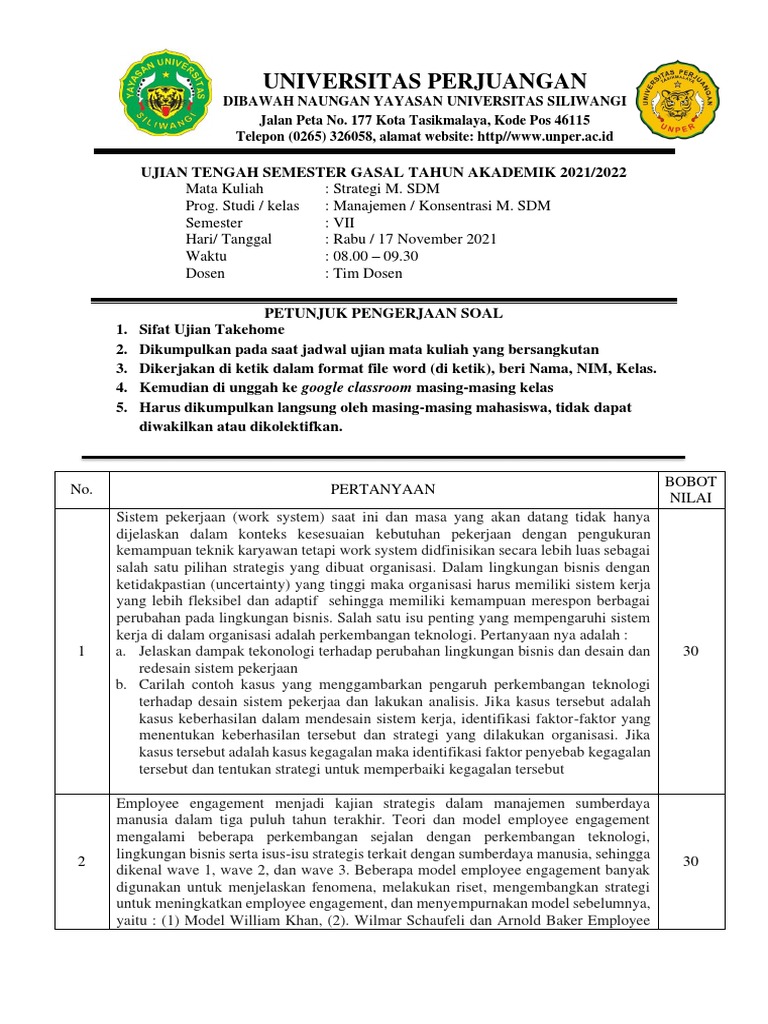 Soal UTS Strategi M.SDM Nov 2021 | PDF
