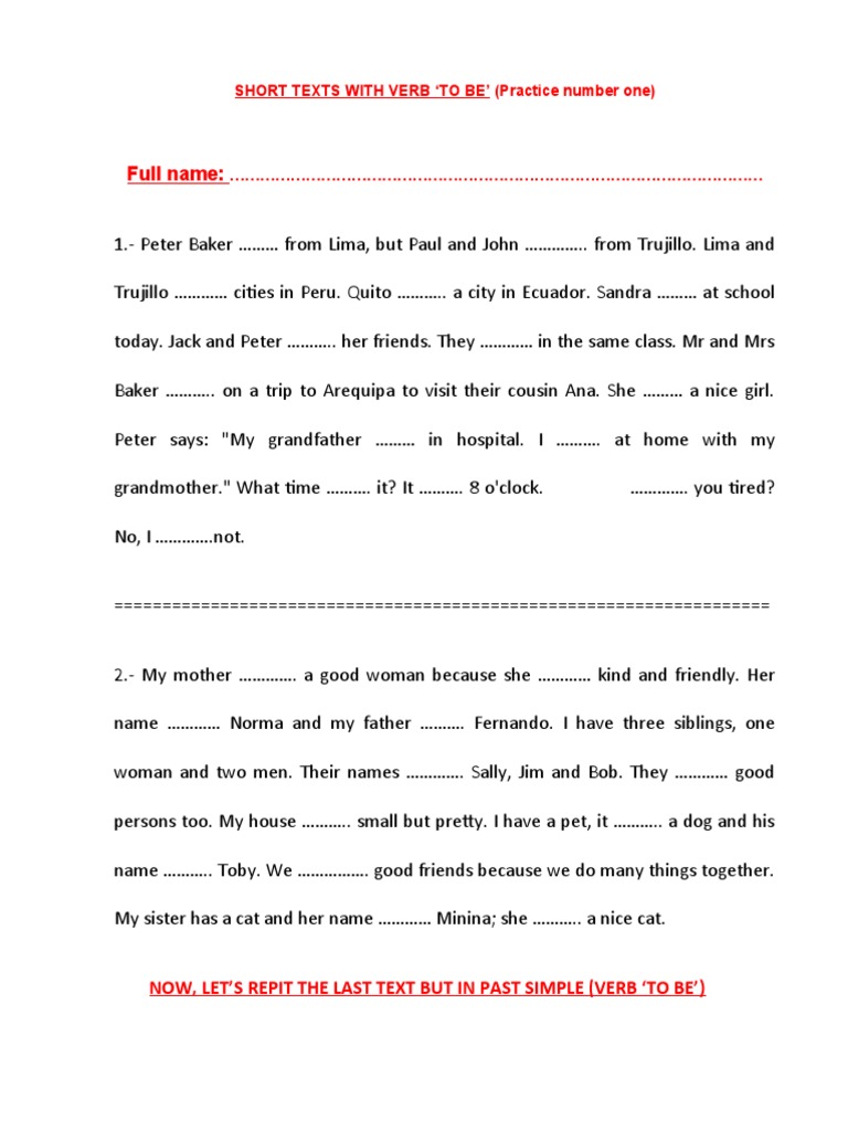 Full Name:: SHORT TEXTS WITH VERB TO BE' (Practice Number One) | PDF