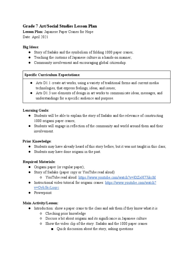 Grade 7 Art Social Studies Lesson Plan 1 | PDF | Origami | Lesson Plan
