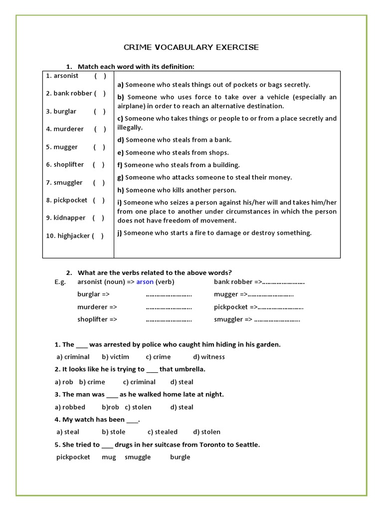 Types of Crime Vocabulary Exercise | PDF | Crime & Violence | Arson