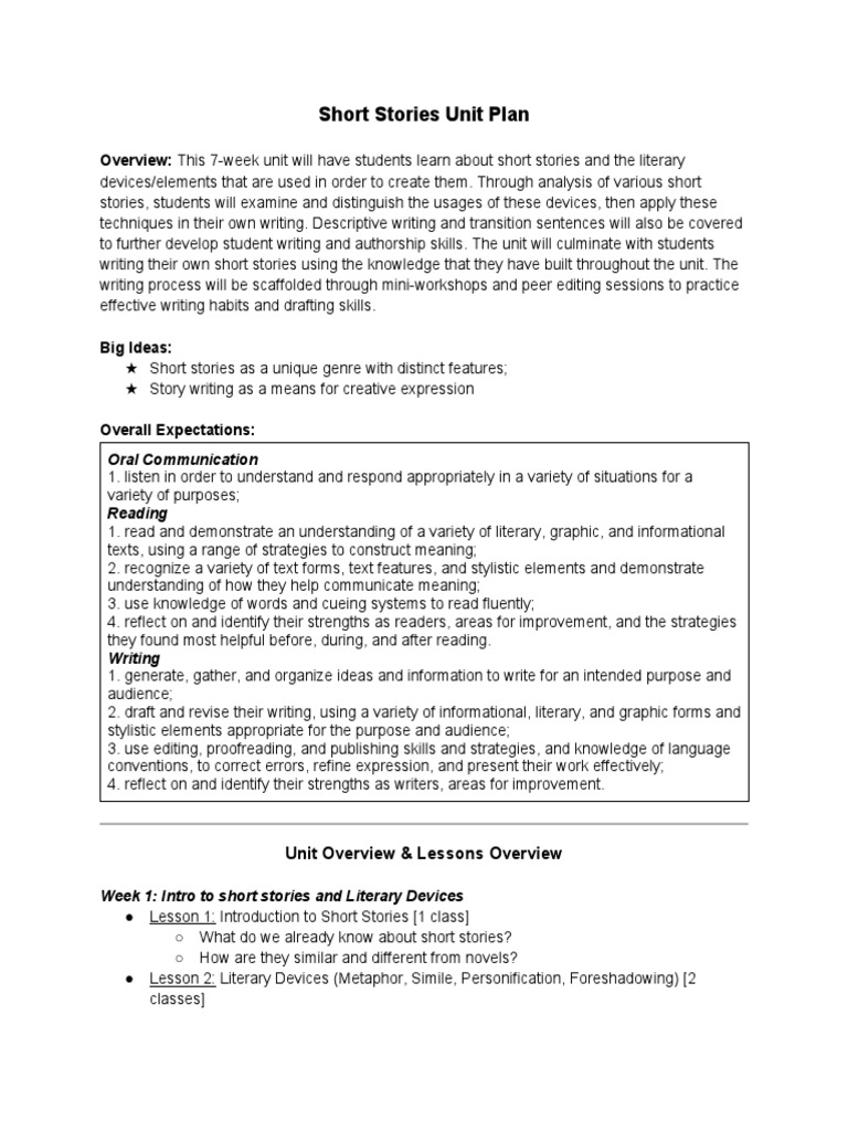 Short Stories Unit Plan | Download Free PDF | Narration | Curriculum