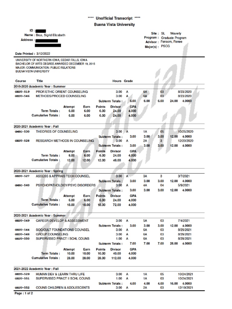 Unofficial Transcript Redacted | PDF