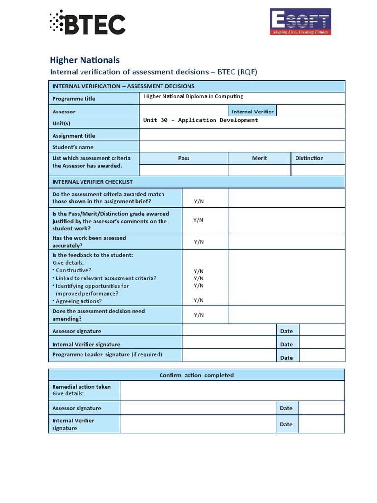 Higher Nationals: Internal Verification of Assessment Decisions - BTEC (RQF) | PDF