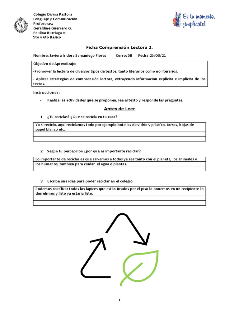 Ficha Comprensión Lectora 2 | PDF | Reciclaje | Comprensión lectora