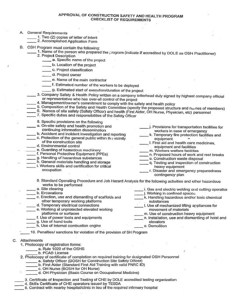 DOLE Construction Safety & Health Approval Checklist Form | PDF