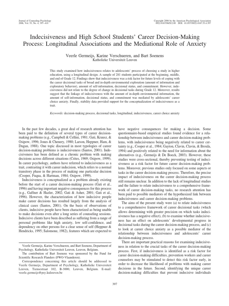 Indecisiveness and High School Students' Career Decision-Making | PDF ...