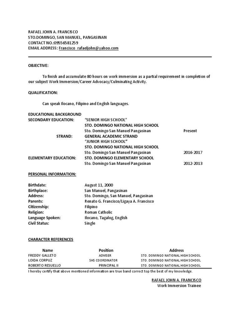 Work Immersion Resume | Download Free PDF | Tagalog Language | Curriculum