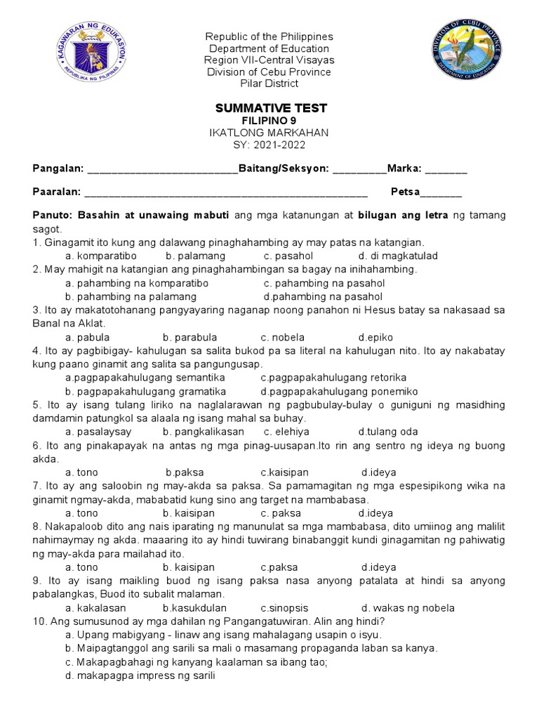 Diagnostic Test Filipino 9 3RD Quarter | PDF