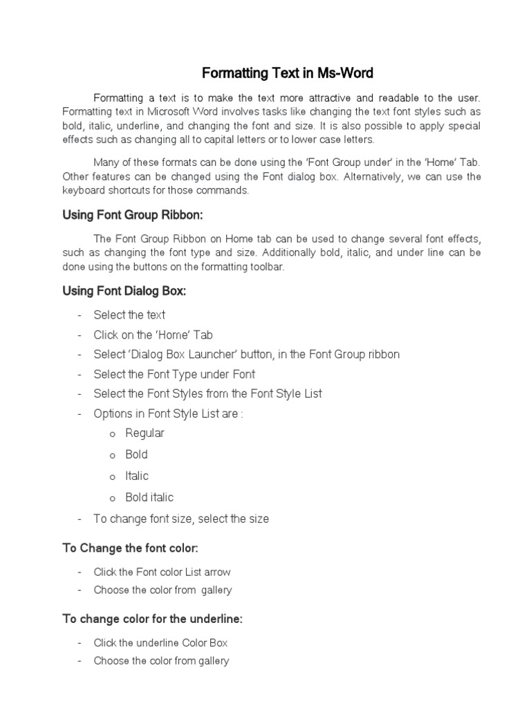 Formatting Text In Ms Word Using Font Group Ribbon PDF Paragraph