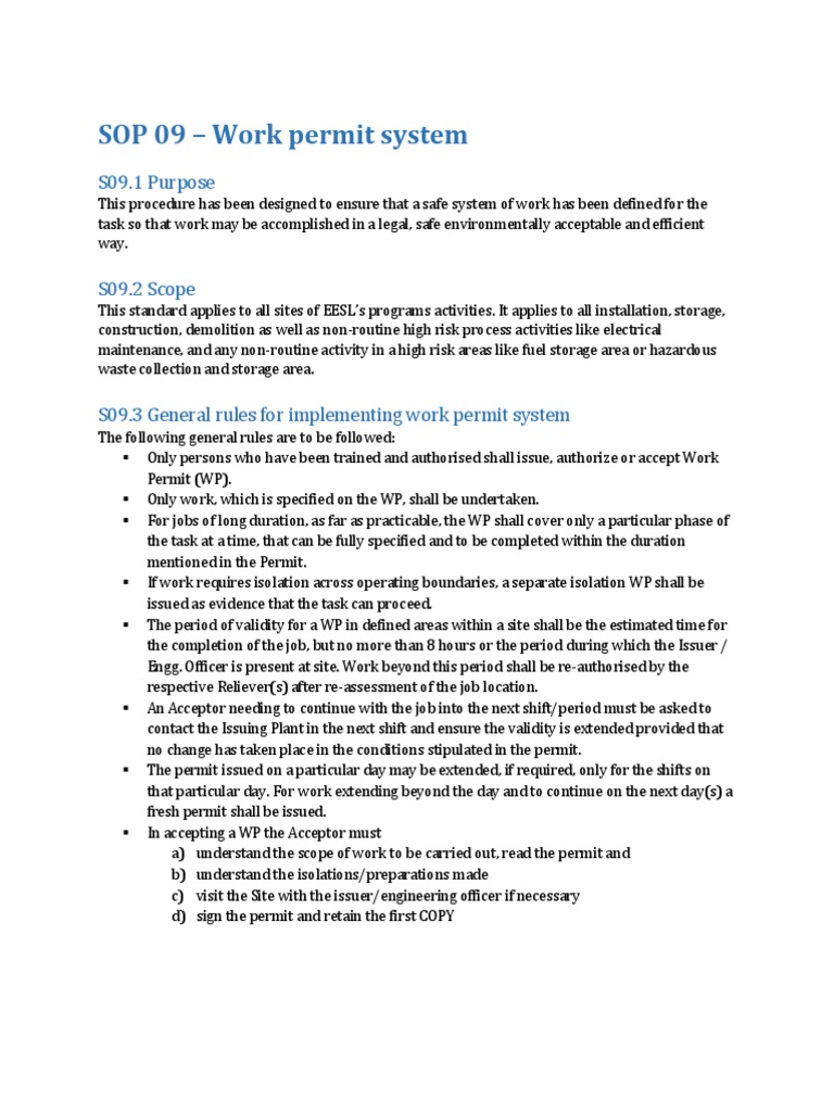 SOP 09 - Work Permit System | PDF | Audit | Business