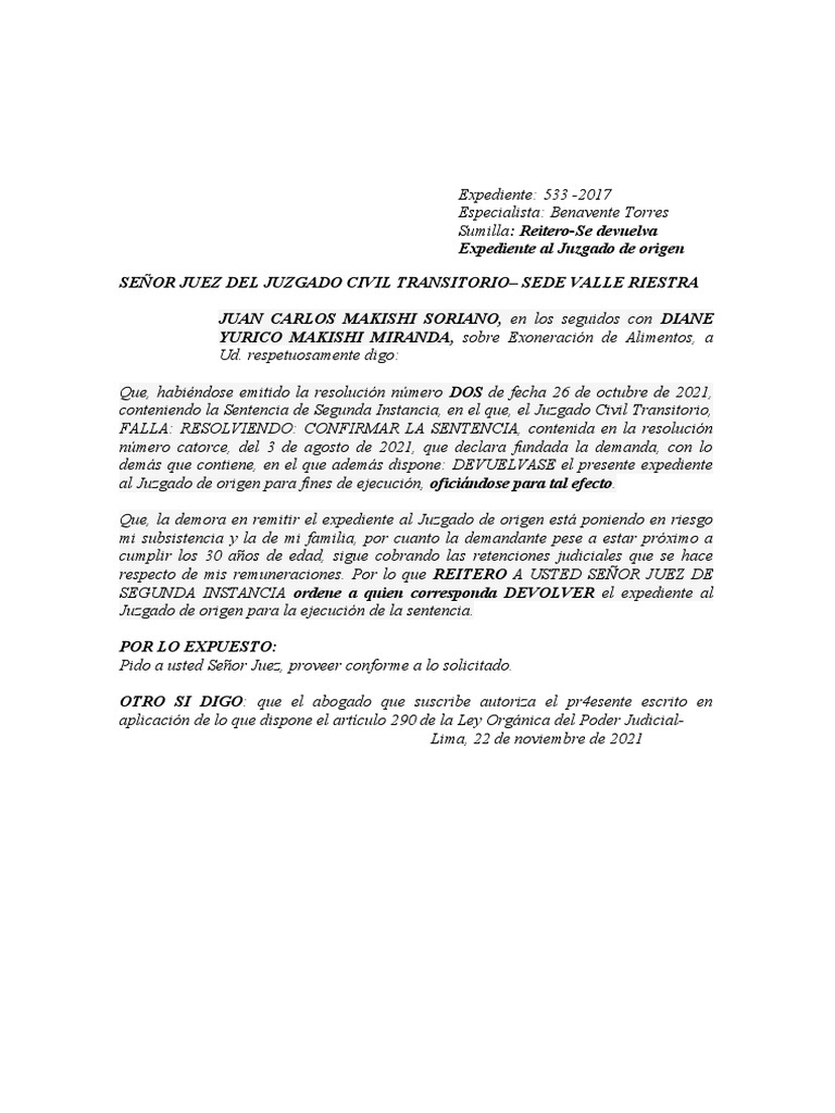 Escrito - Se Devuelva Exp. Al Juzgado de Origen | PDF