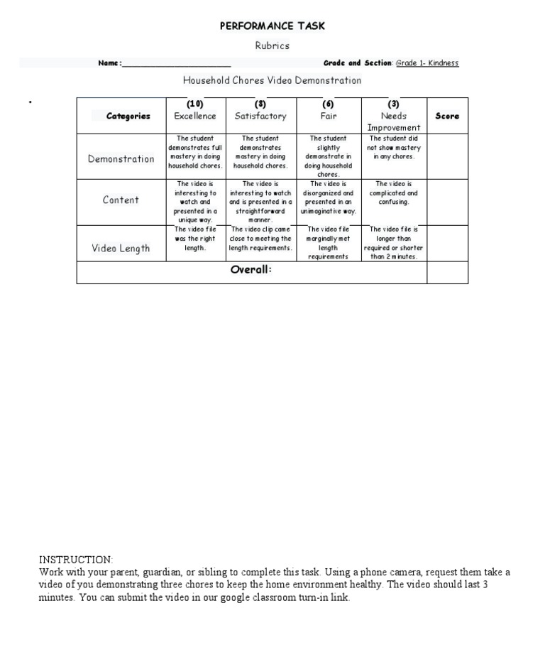 Rubrics Household Chores Video Demonstration: Performance Task | PDF