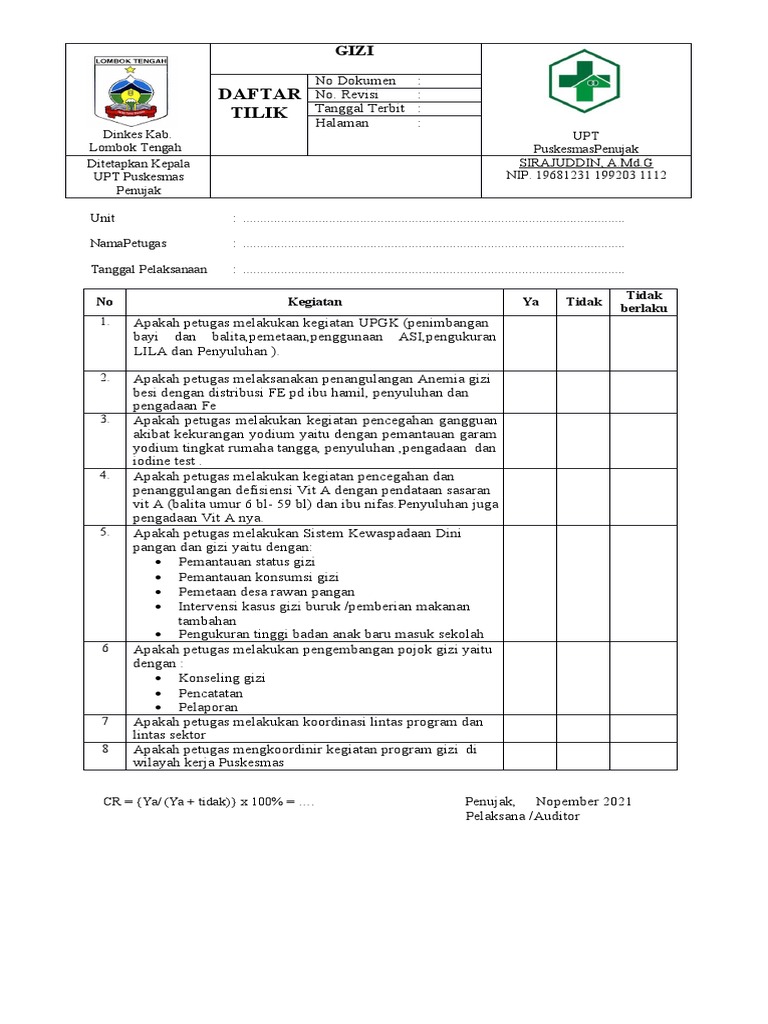 Daftar Tilik Kegiatan Gizi Puskesmas Penujak | PDF