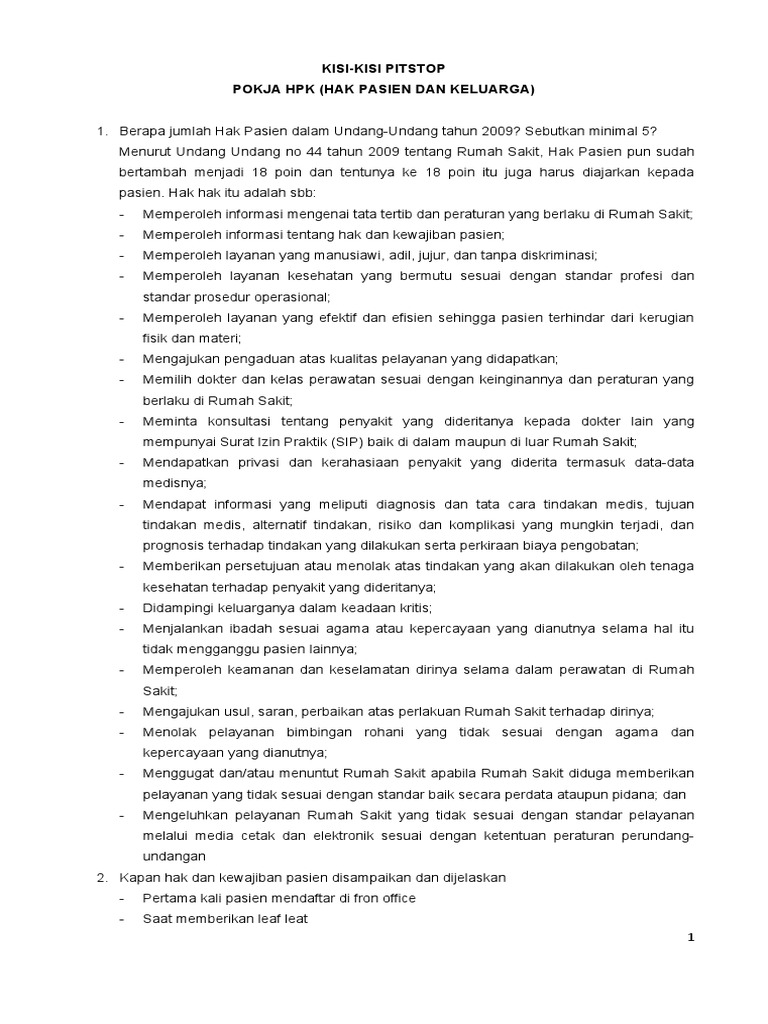 Kisi-Kisi Pitstop Pokja HPK (Hak Pasien Dan Keluarga) | PDF