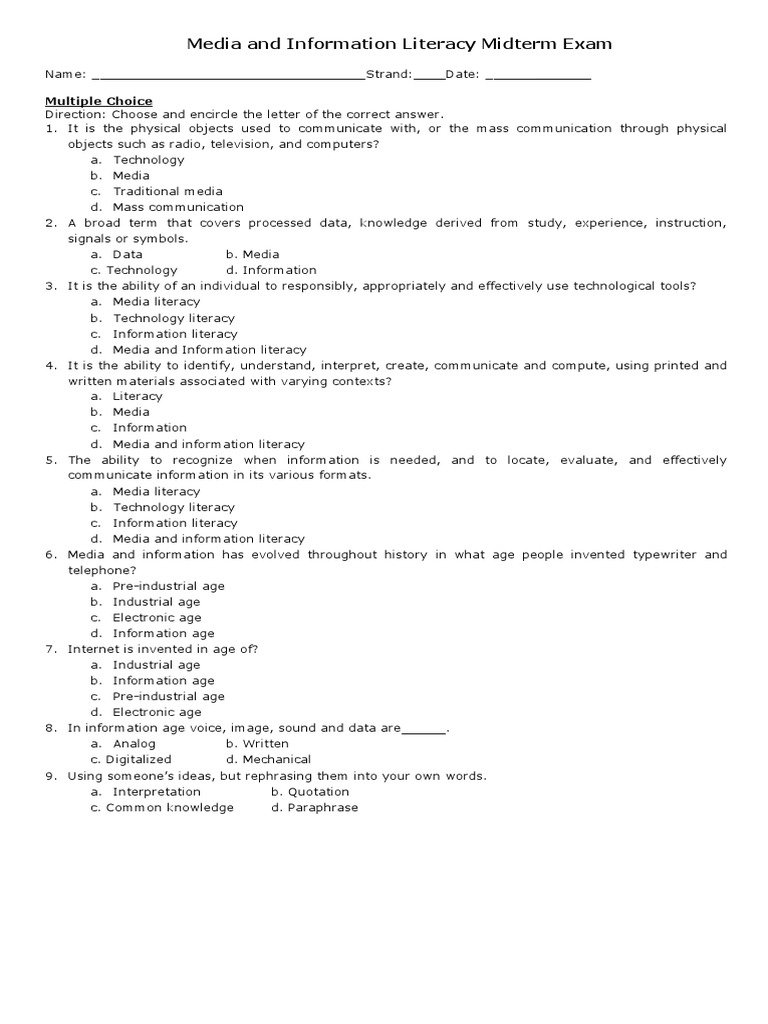 Media and Information Literacy Midterm Exam: Multiple Choice | PDF | Media (Communication ...