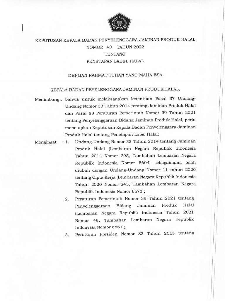Keputusan BPJPH No 40 Tahun 2022 | PDF
