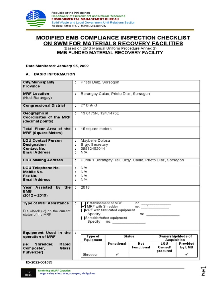 Modified Emb Compliance Inspection Checklist On SWM For Materials ...