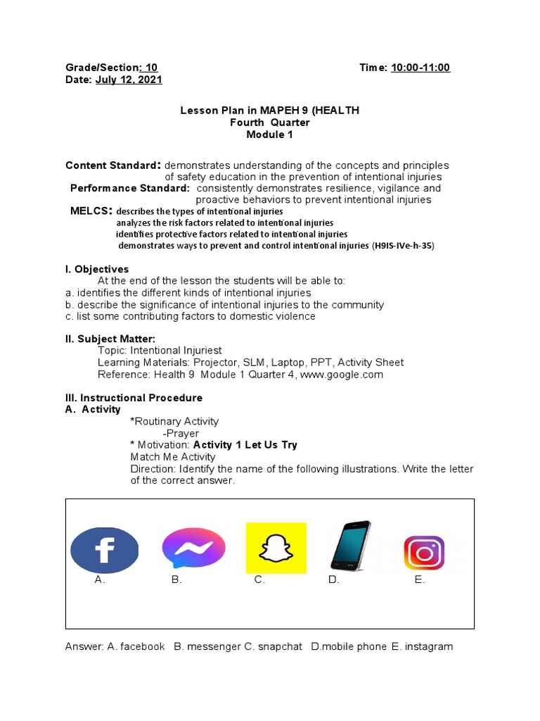 Intentional Injury Prevention Lesson Plan | PDF | Snapchat | Lesson Plan