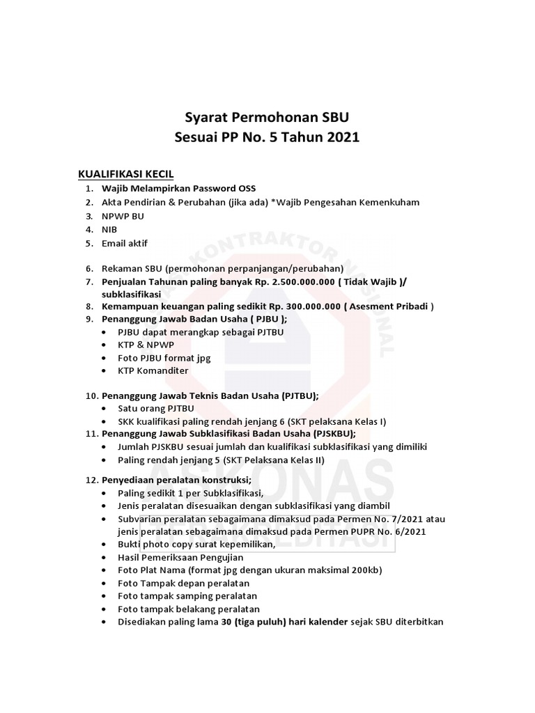 Syarat Dokumen Permohonan SBU Sesuai PP 5 TH 2021 | PDF