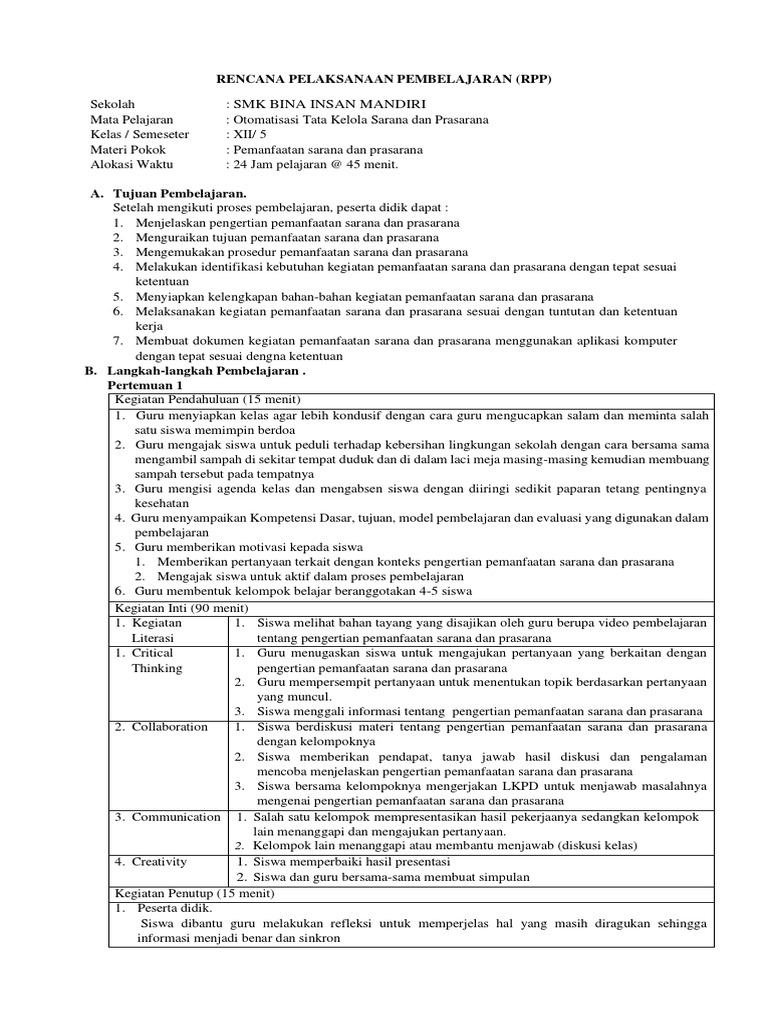 RPP KD 5 Otk Sarpras Kelas Xii | PDF | Karier & Perkembangan | Sains & Matematika