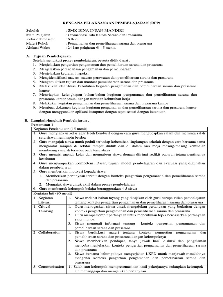 RPP KD 6 Otk Sarpras Kelas Xii | PDF