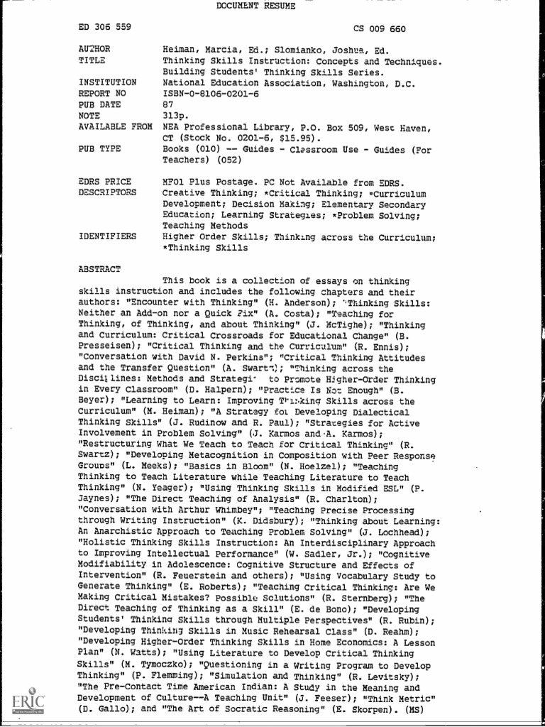 CRITICAL THINKING (Robert H Ennis 1987) | PDF | Teachers | Thought