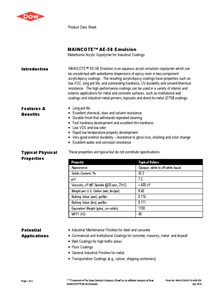 MAINCOTE™ AE-58 Emulsion: Property Typical Values | PDF | Materials ...
