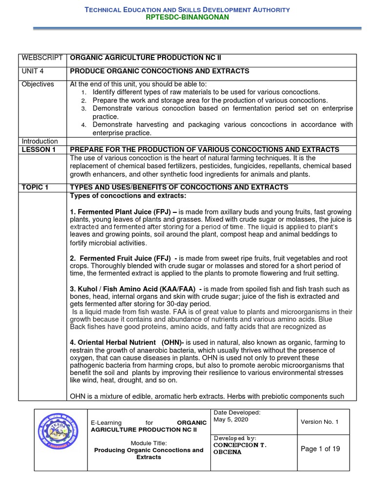 Produce Organic Concoctions and Extracts | PDF | Fermentation | Glycolysis
