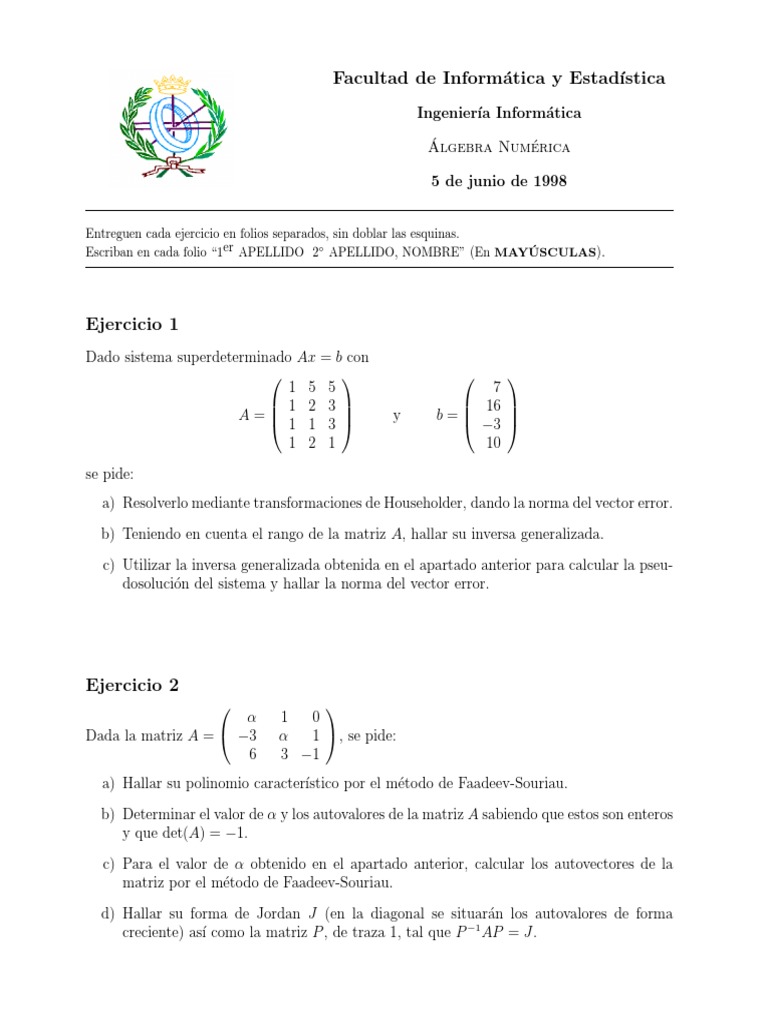 Algebra Numérica Ejercicios | PDF | Valores propios y vectores propios ...