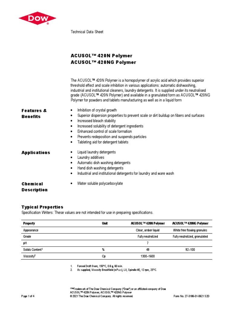 ACUSOL™ 420N Polymer ACUSOL™ 420NG Polymer: Features & Benefits | PDF ...
