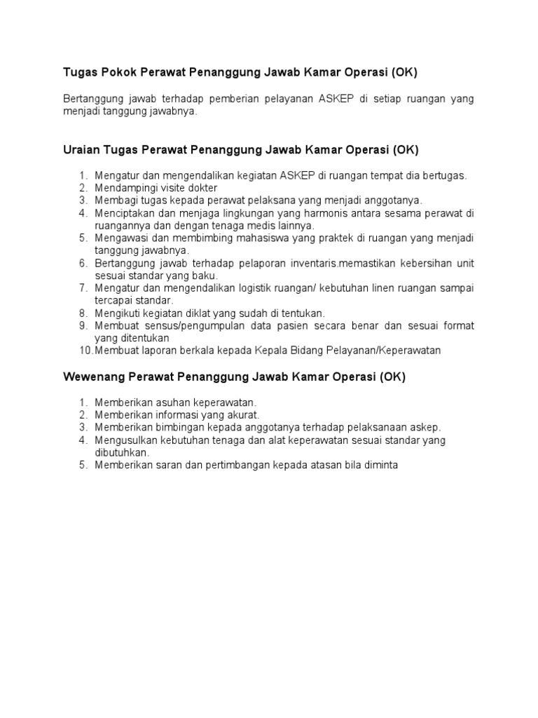 Tugas Pokok Perawat Penanggung Jawab Kamar Operasi | PDF