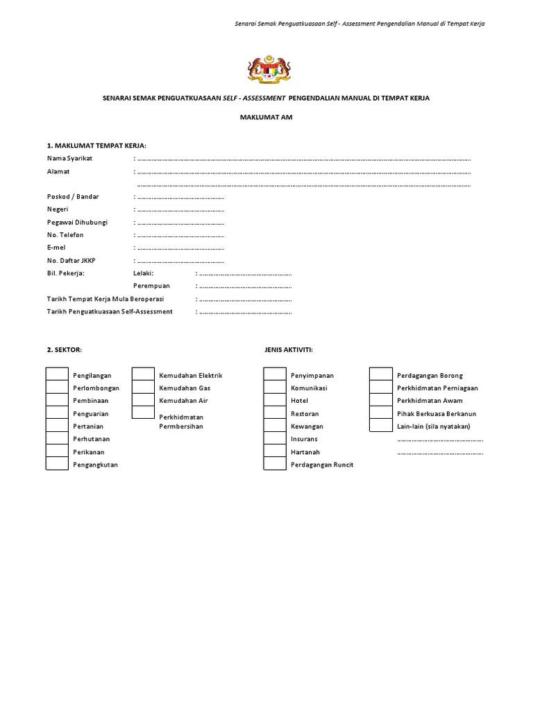 Self-Assessment Manual Handling Checklist For Workplace-2021 | PDF ...