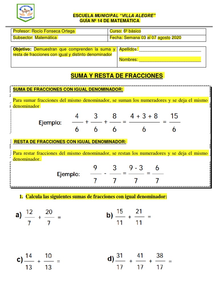 MATEMÁTICAS Suma y Resta de Fracciones | PDF | Artes del Lenguaje y ...