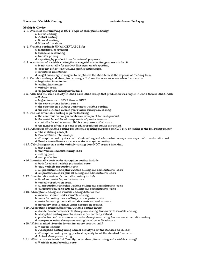 Exercises: Variable Costing Antonio Jaramillo Dayag Multiple Choice ... Exercises: Variable Costing Antonio Jaramillo Dayag Multiple Choice ...