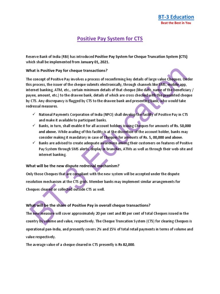 Positive Pay System For CTS | PDF | Cheque | Banks