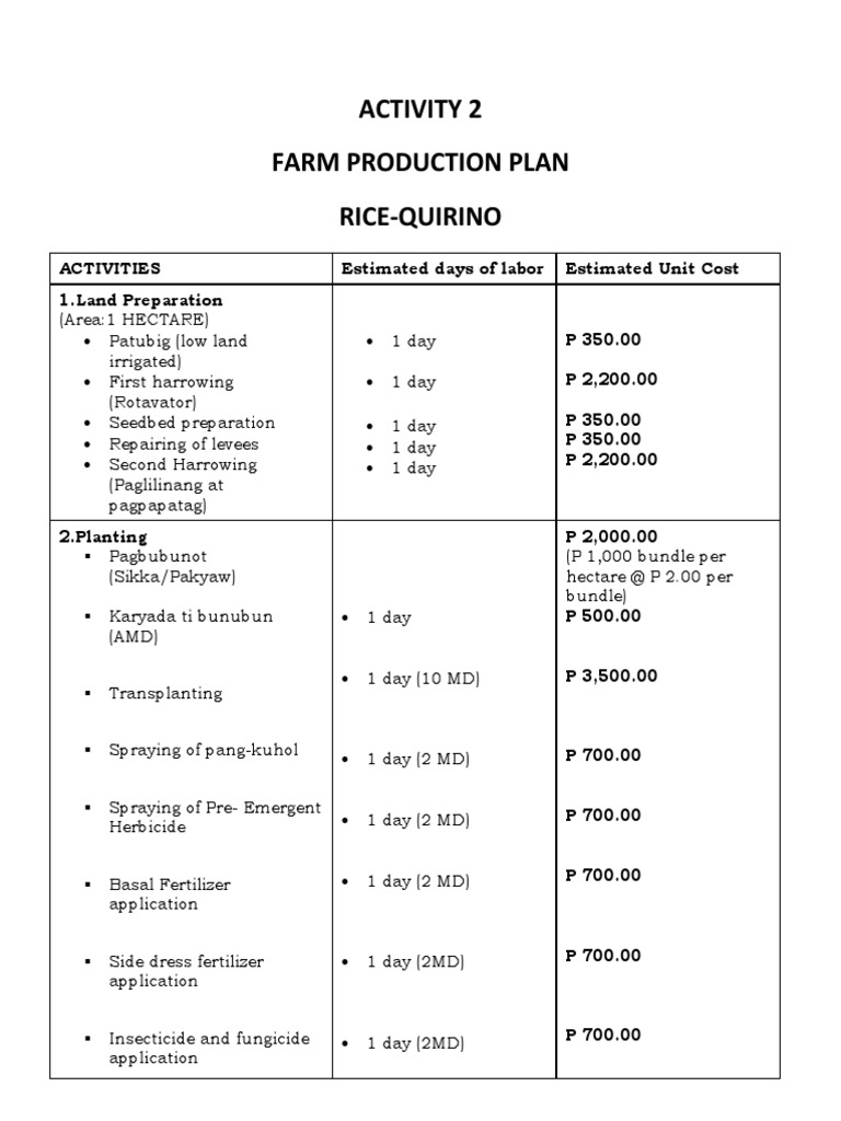 Activity 2 Farm Production Plan Rice-Quirino | PDF | Agriculture | Food ...