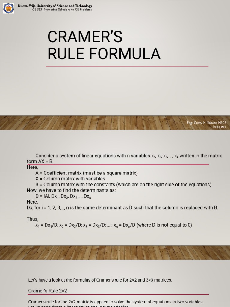 Cramer'S Rule Formula: CE 323 - Numerical Solutions To CE Problems ...