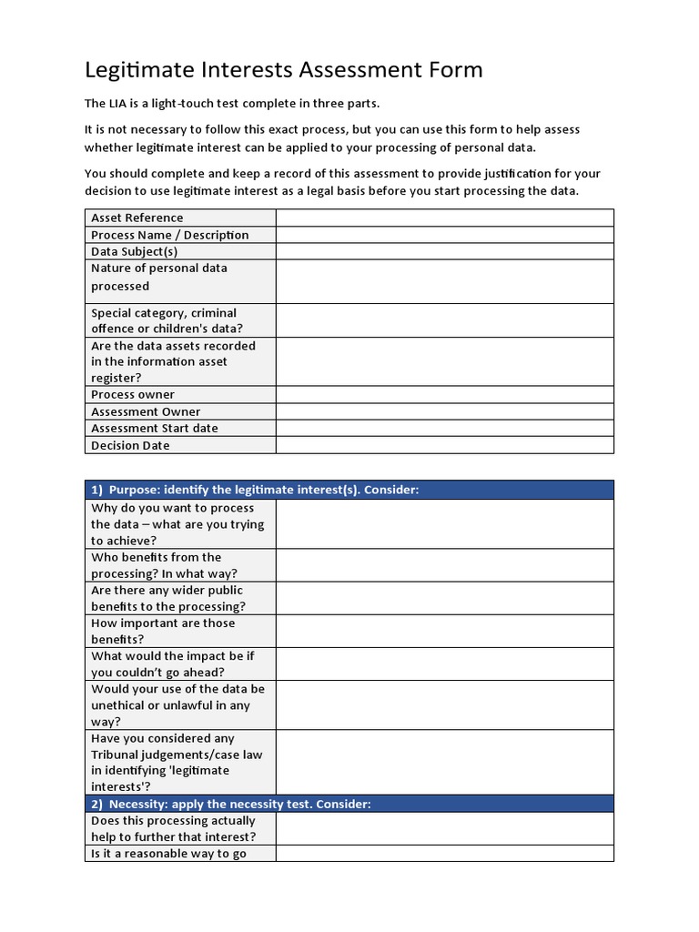 Legitimate Interest Assessment Template | PDF | Risk | Justice