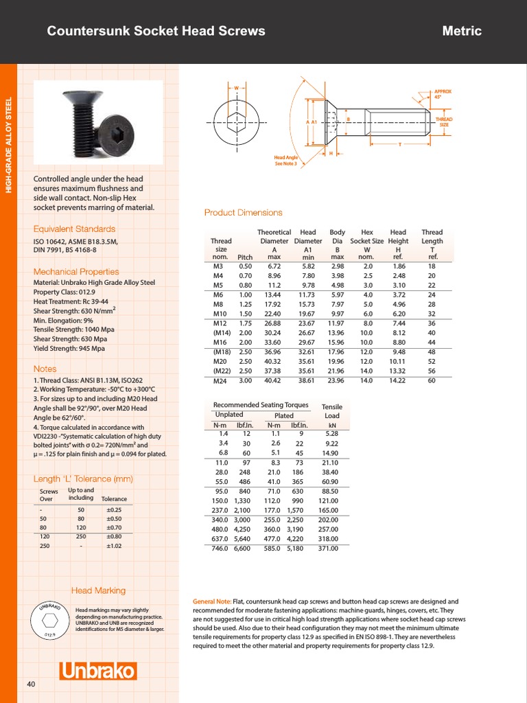 Countersunk Socket Head Screws Metric | PDF | Screw | Metalworking