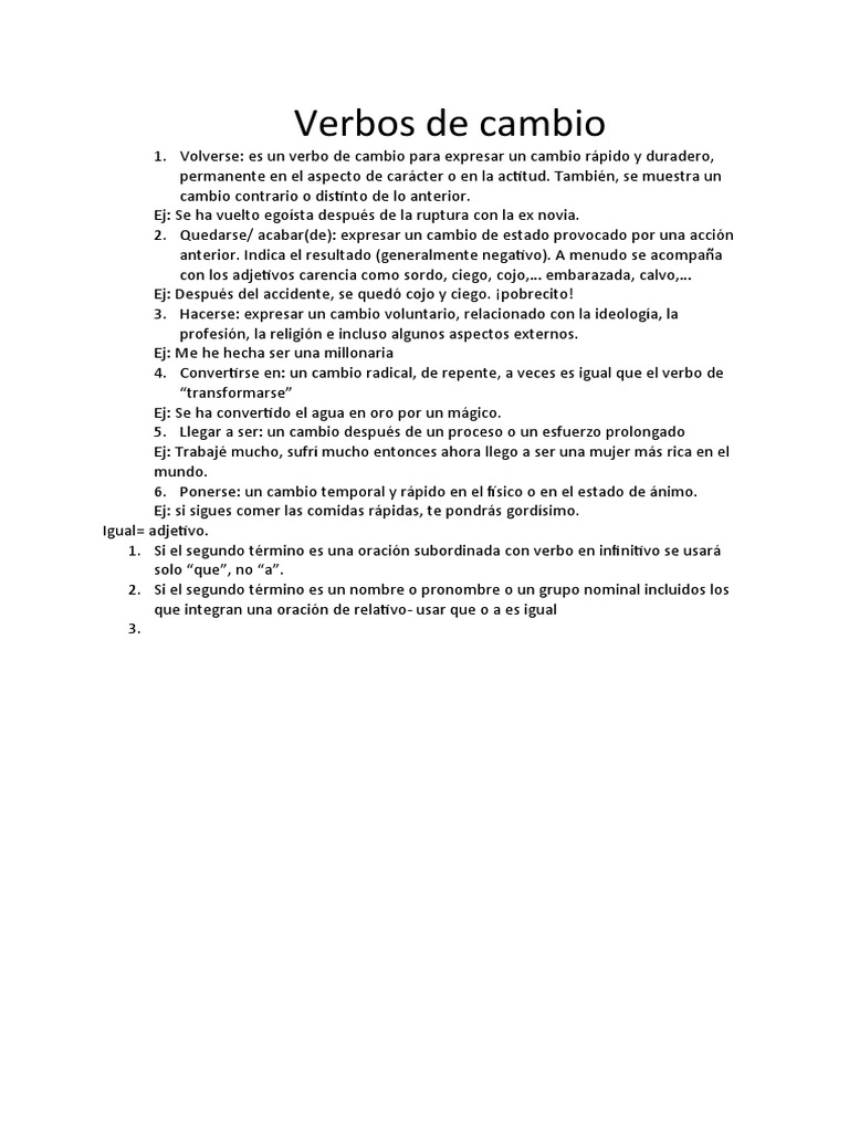 Verbos de Cambio | PDF | Artes del Lenguaje y Comunicación | Estudios ...